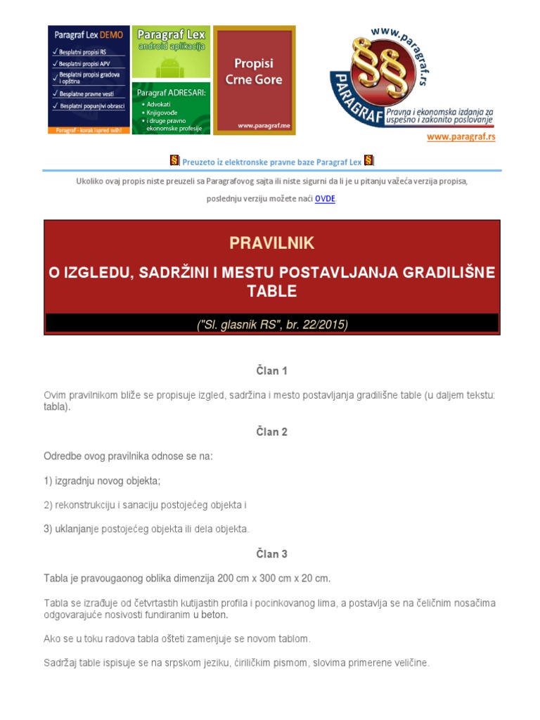 Pravilnik o Izgledu Sadrzini i Mestu Postavljanja Gradilisne Table