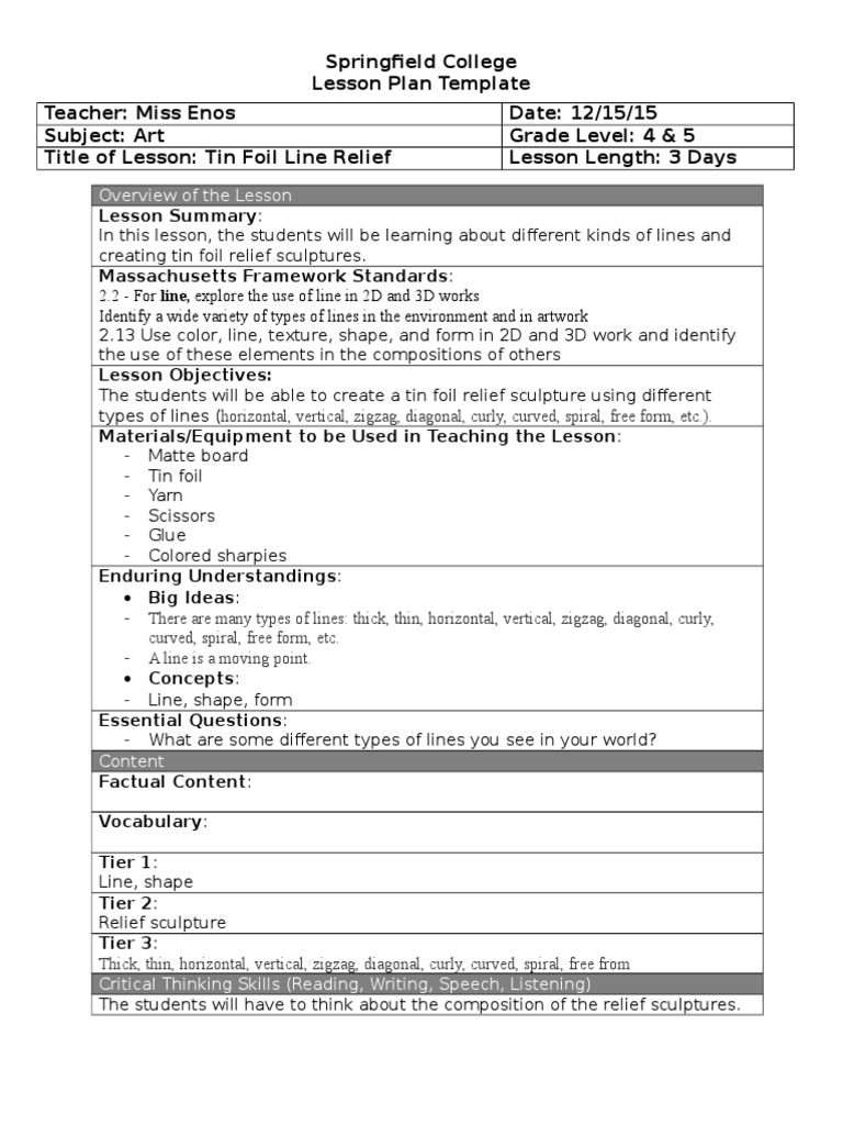 Tin Foil Relief Sculpture LP | PDF | Lesson Plan | Pedagogy