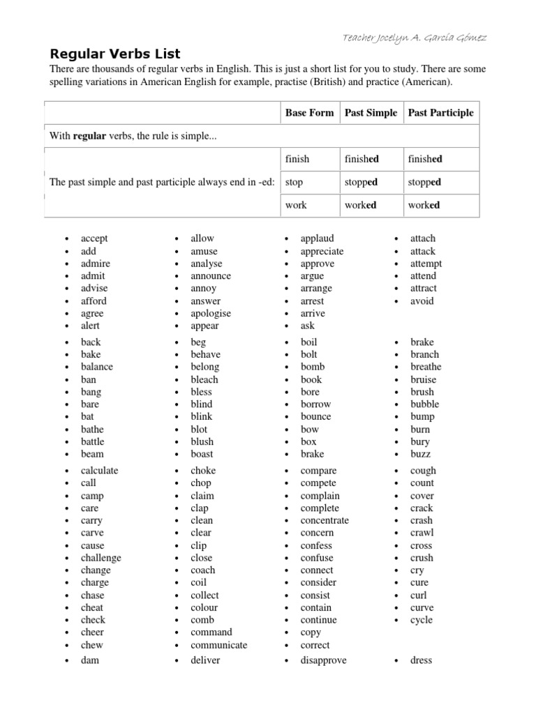 Regular Verbs List | PDF