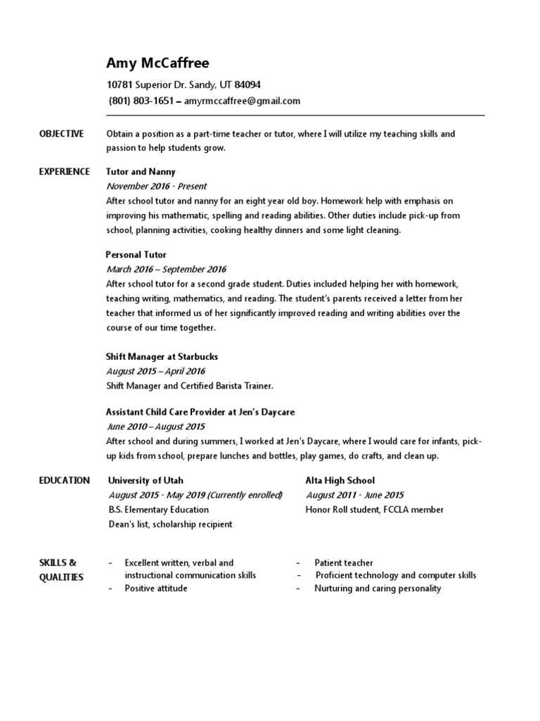 Part-Time Teaching and Tutoring Resume | PDF