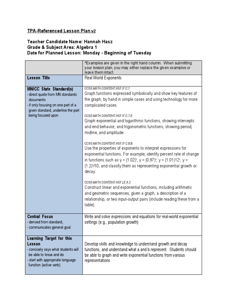 TPA-Referenced Lesson Plan Teacher Candidate Name: Hannah Hasz Grade ...