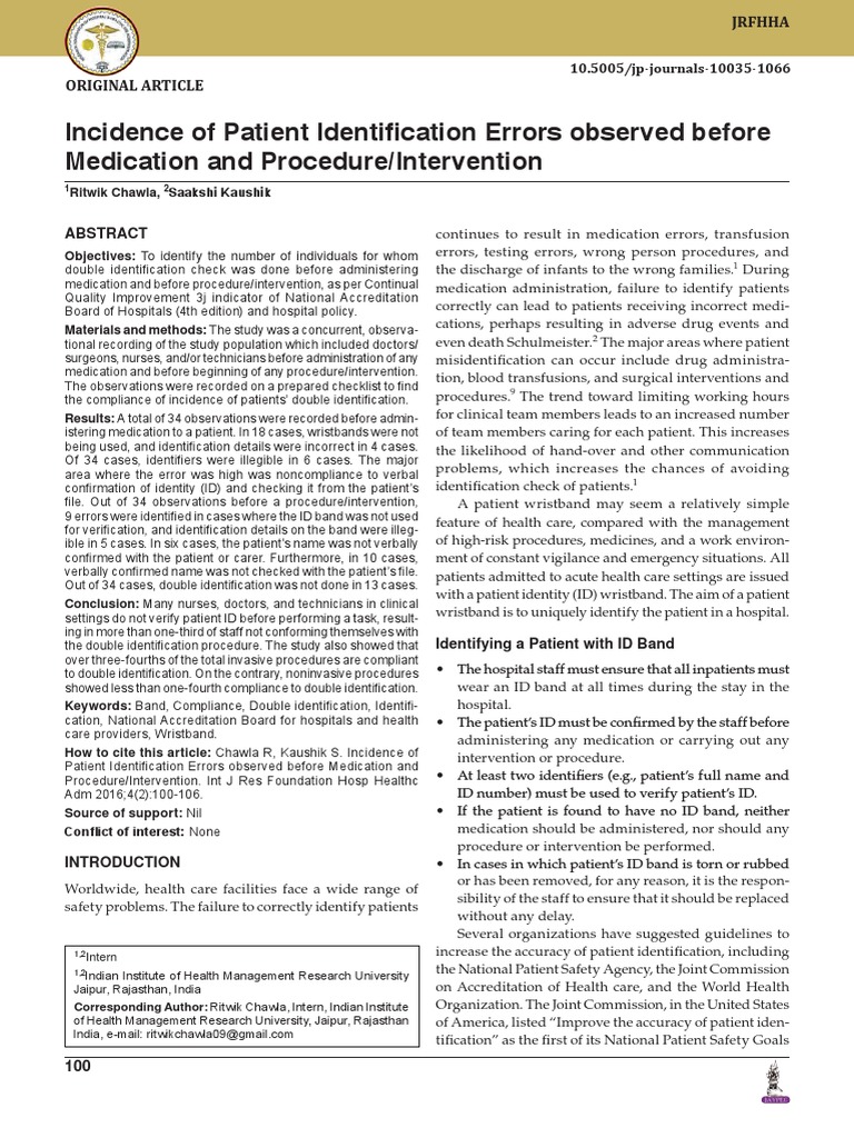 Incidence of Patient Identification Errors Observed Before Medication ...
