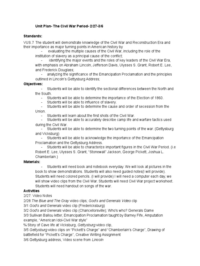 Unit Plan-The Civil War Period - 2/27-3/6 Standards | PDF | American ...