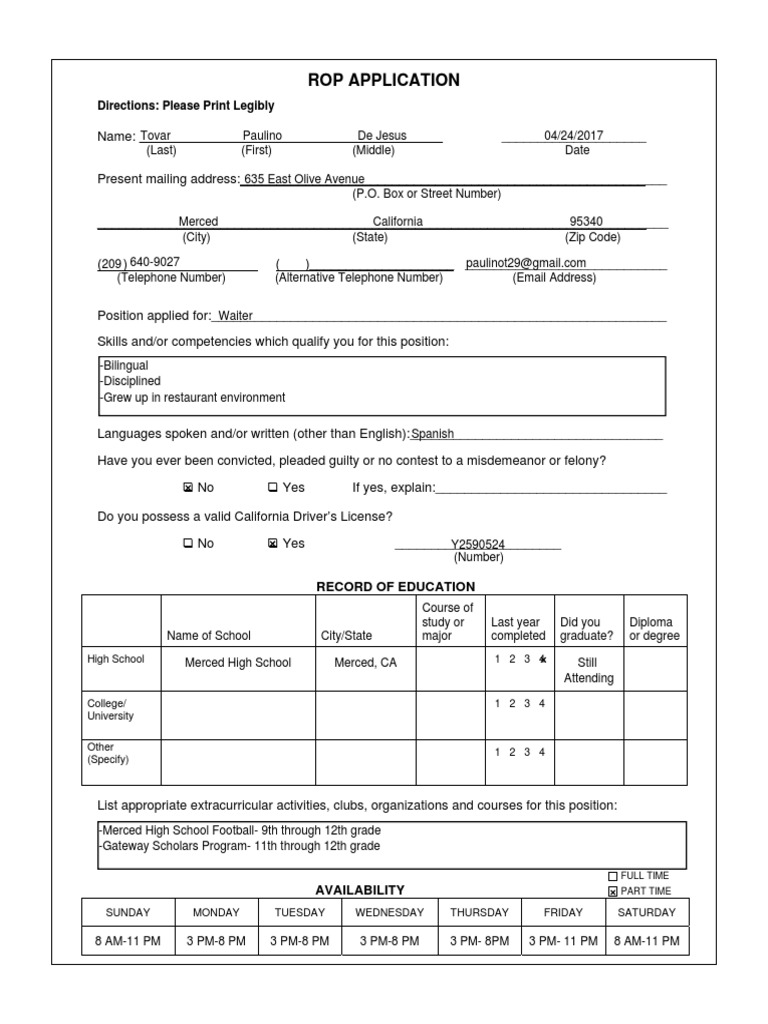 Microsoft Word - Rop Job Application With Availablity Front-For ...