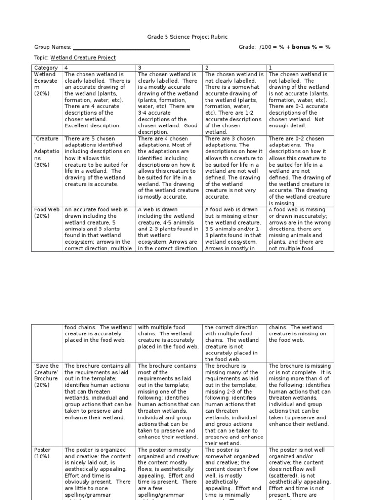 Grade 5 Science Project Rubric | PDF | Food Web | Wetland