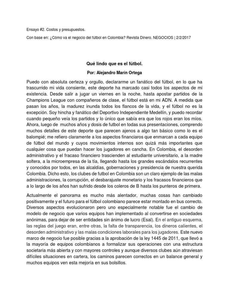 Ensayo. Qué Lindo Que Es El Fútbol. | PDF | Asociación de Futbol | Colombia