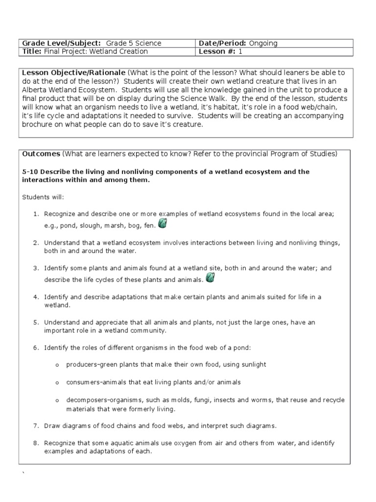 Wetland Final Project - Lesson Plan Grade 5 Science | PDF | Wetland ...