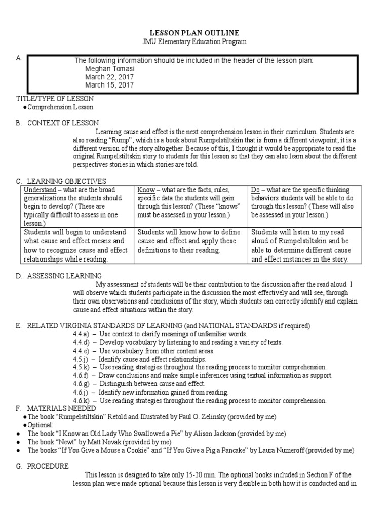 Lesson Plan Outline | PDF | Reading Comprehension | Causality