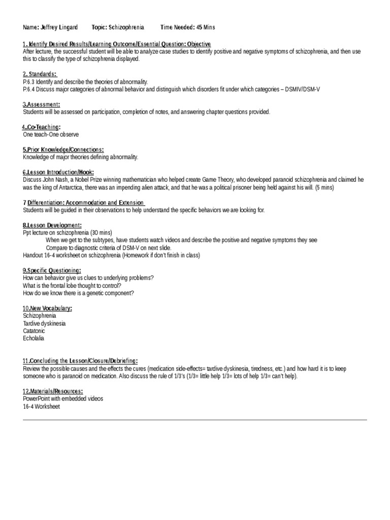 Schizophrenia Lesson Plan and Resources | PDF | Schizophrenia ...