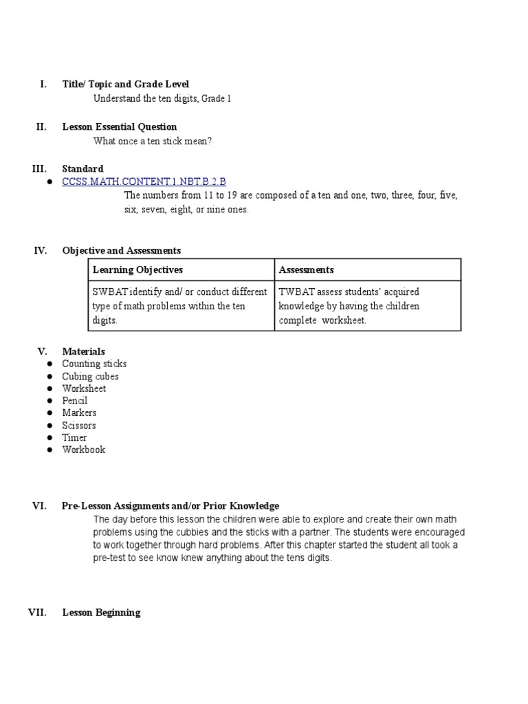 Ccss - Math.Content.1.Nbt.B.2.B: I. Title/ Topic and Grade Level ...