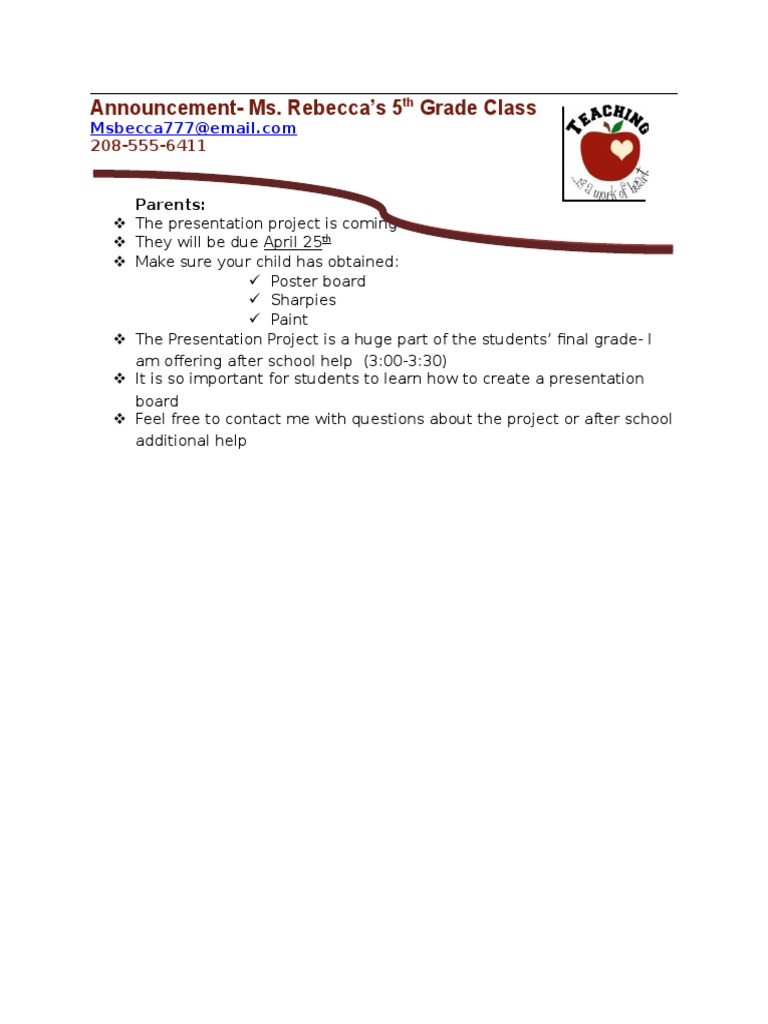 Ms. Rebecca's 5th Grade Announcements | PDF