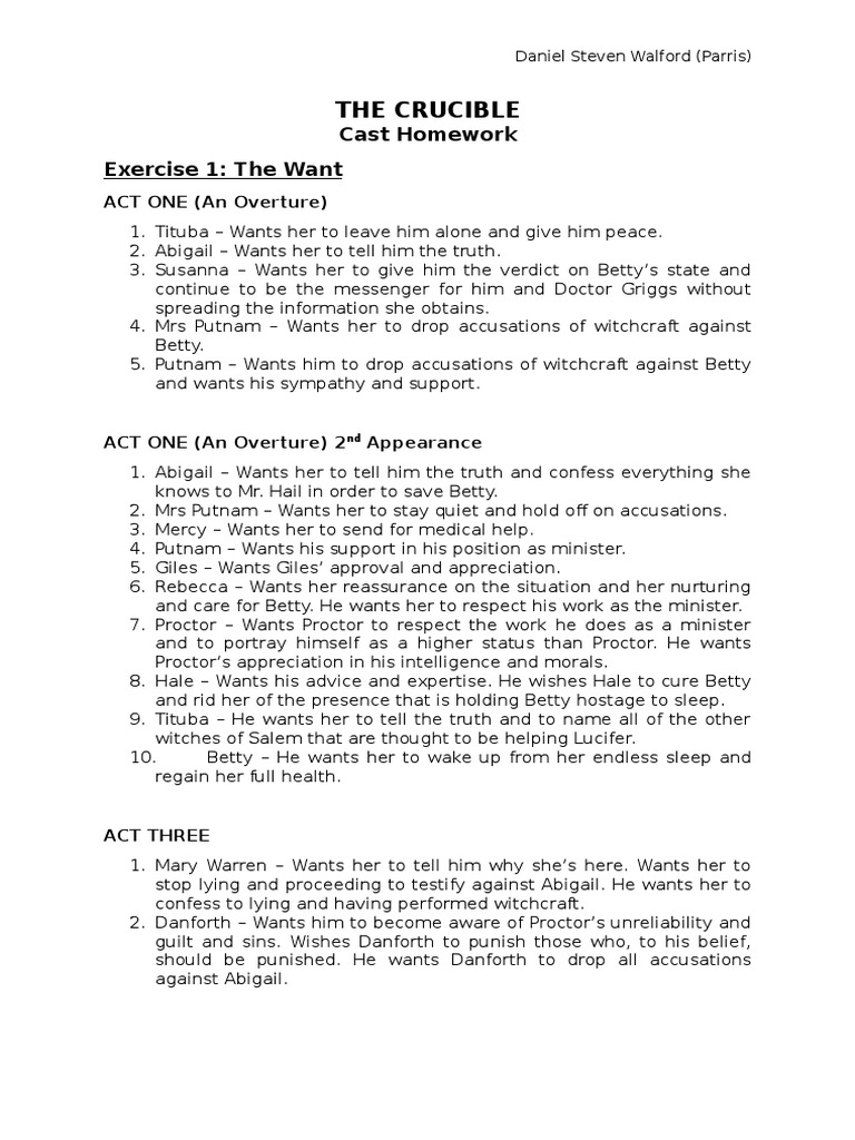 The Crucible - Cast Homework | PDF