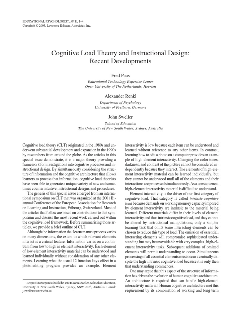 6 (P) (Paas, Rankl, Sweller, 2003) CLT and Instructional Design ...
