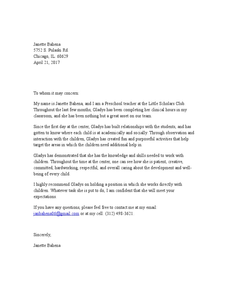 Gladys Recommendation Letter | PDF