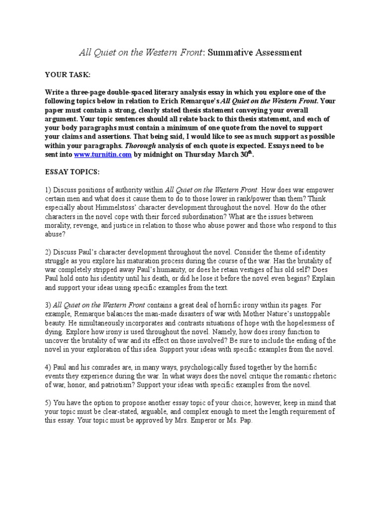 All Quiet On The Western Front Summative Assessment | PDF | Essays