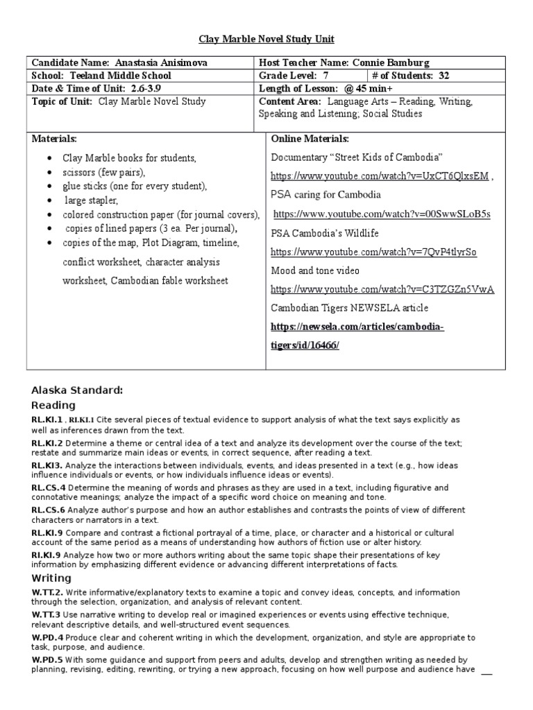 Ed 688 Clay Marble Unit Plan | PDF | Reading Comprehension | Narrative