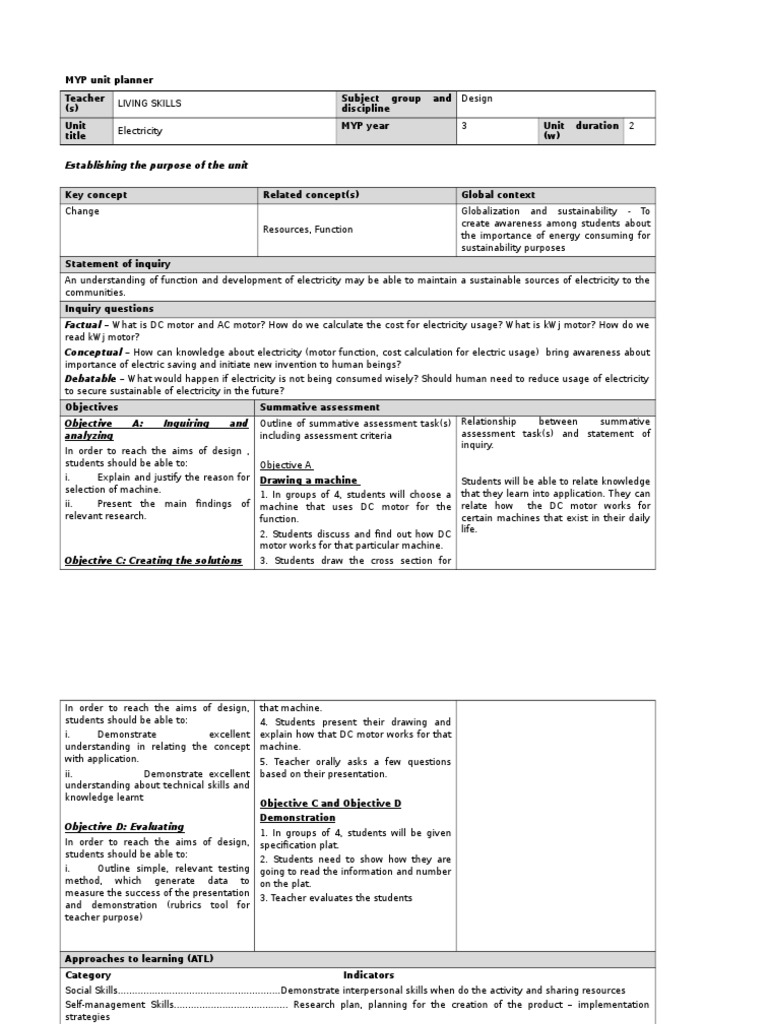 MYP Unit Planner: Electricity and Sustainability | PDF | Educational ...
