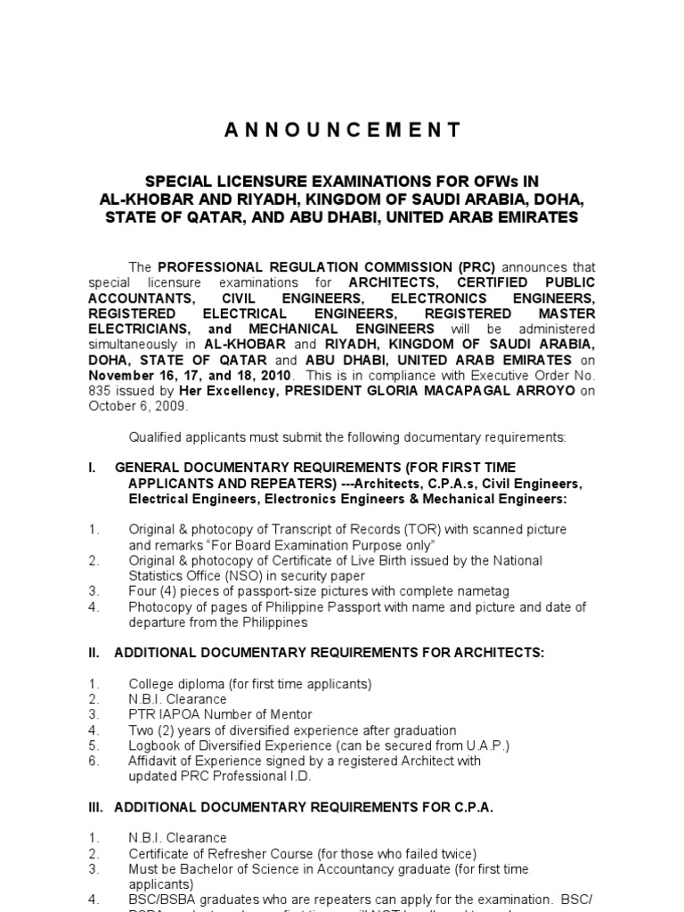 PRC Announcement-Saudi Exams | PDF | Engineer | Qualifications