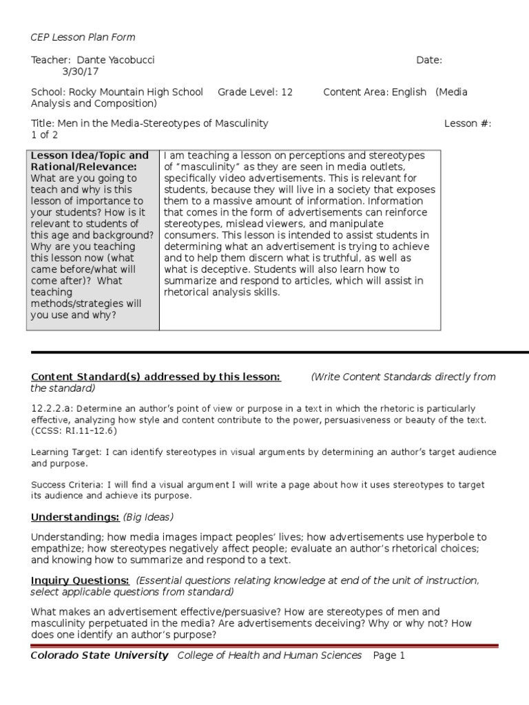 Lesson Idea/Topic and Rational/Relevance:: CEP Lesson Plan Form ...