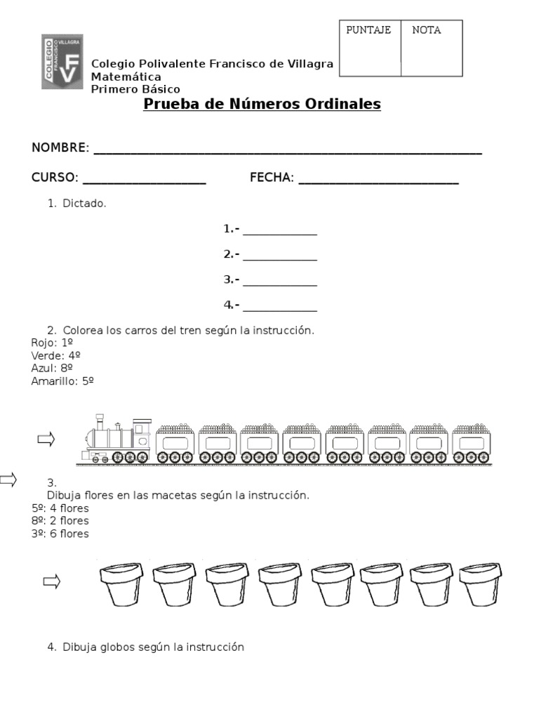 Prueba de Números Ordinales 1º Básico | PDF | Deportes | Enseñanza de ...