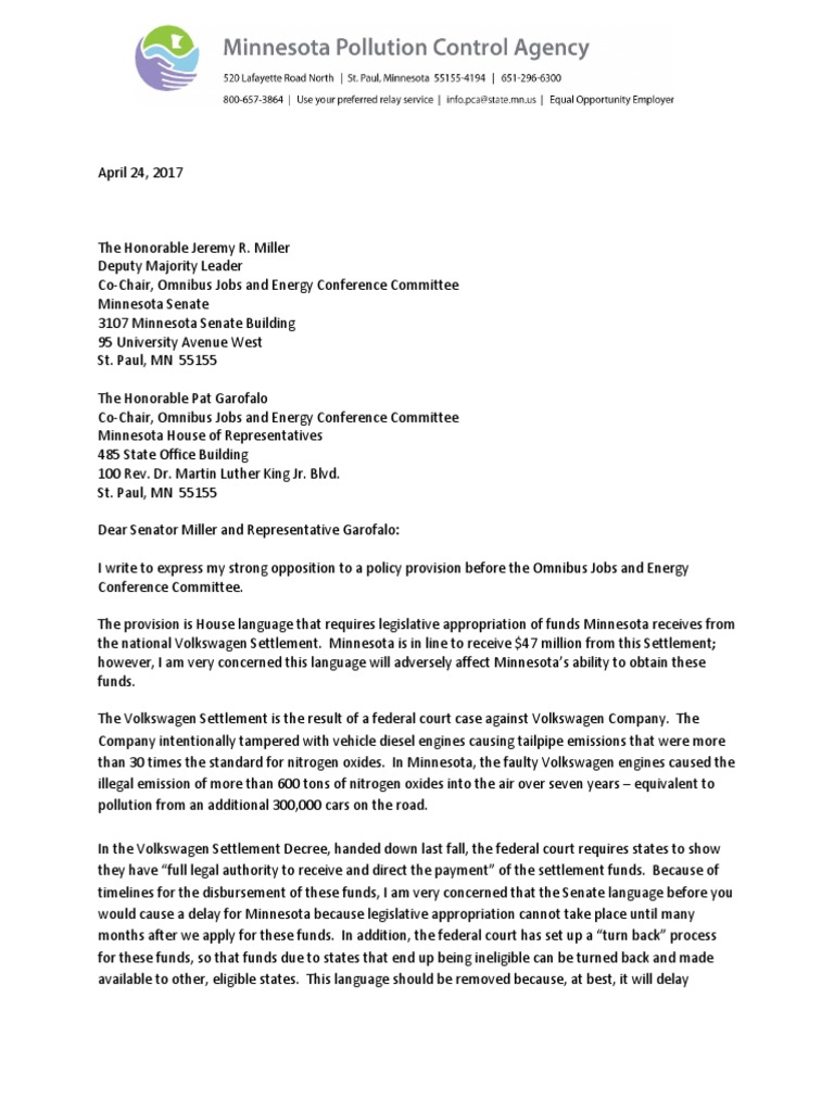 VW Settlement Pot O' Money: MPCA Commissioner Letter To Jobs Energy ...