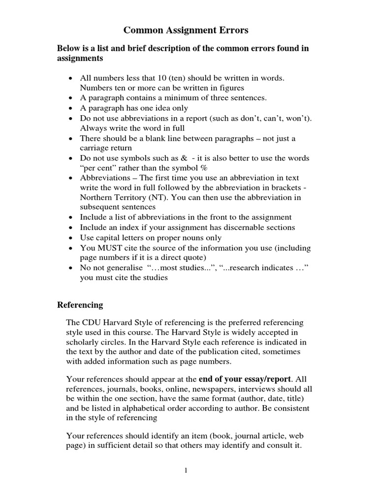 Common Assignment Errors: Below Is A List and Brief Description of The Common Errors Found in ...
