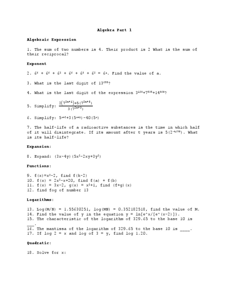 Algebra | PDF | Logarithm | Quadratic Equation