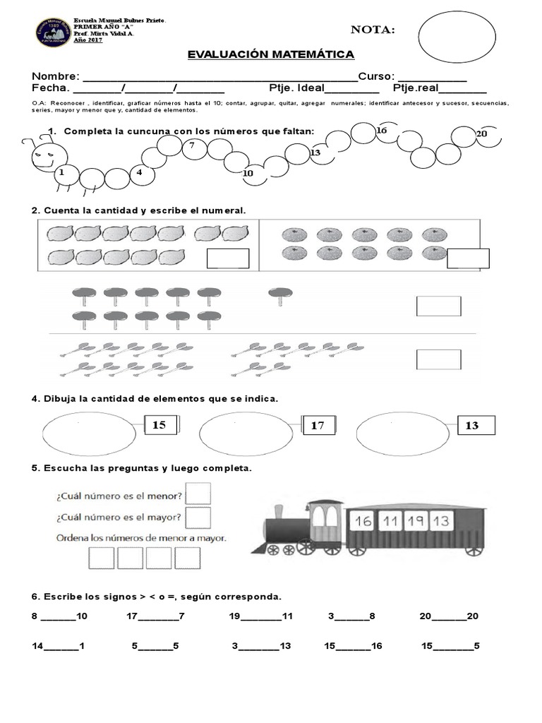 Prueba Matematica Primero Numeros Hasta 20 PRIMERO 2017 | PDF
