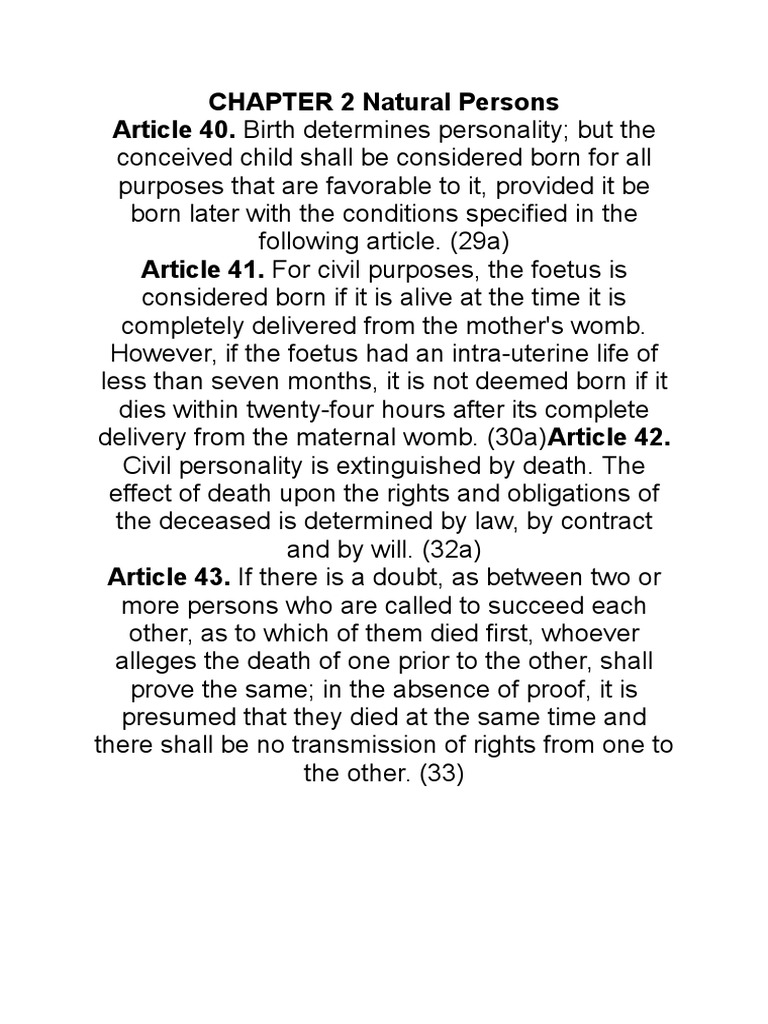 CHAPTER 2 Natural Persons Article 40. Birth Determines Personality But ...