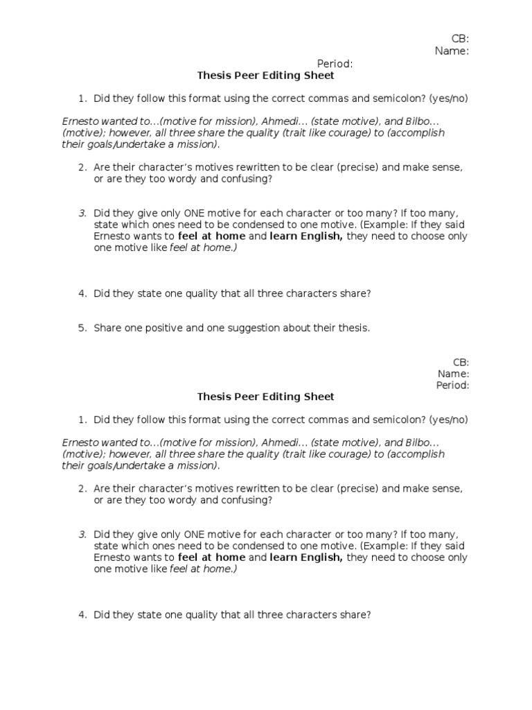 Thesis Peer Editing Sheet | PDF