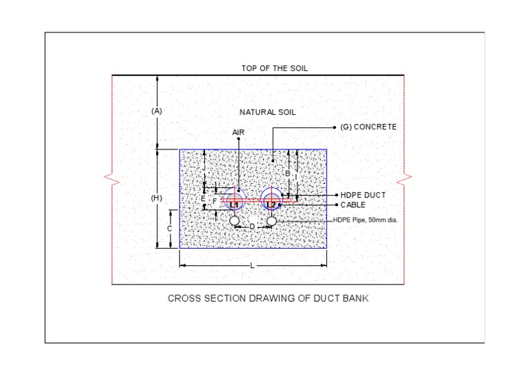Cross-sectional diagram of an underground duct bank system for routing cables through soil and ...