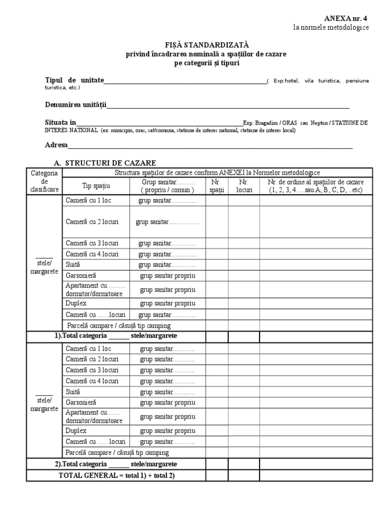 Anexa NR 4 Fisa Standardizata Cazare Modif | PDF