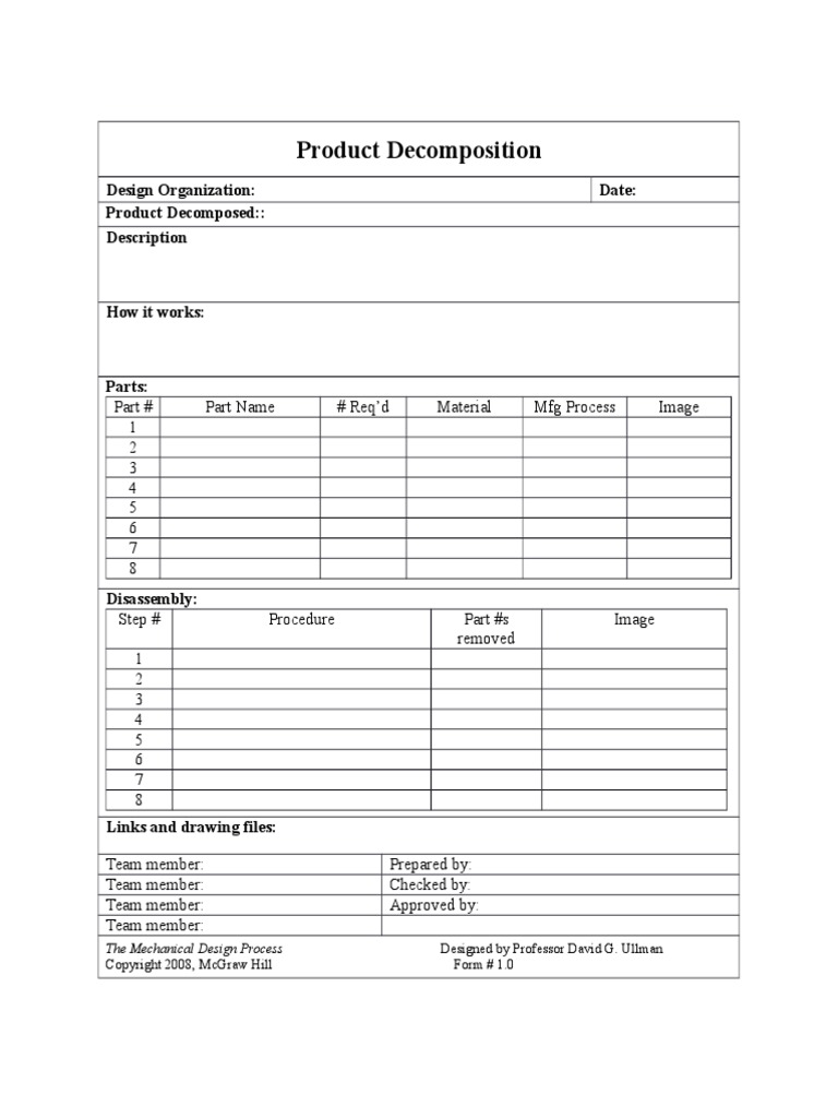Product Decomposition: Design Organization: Date: Product Decomposed ...