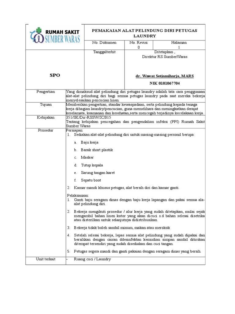 SOP Penggunaan APD Di LAundry | PDF