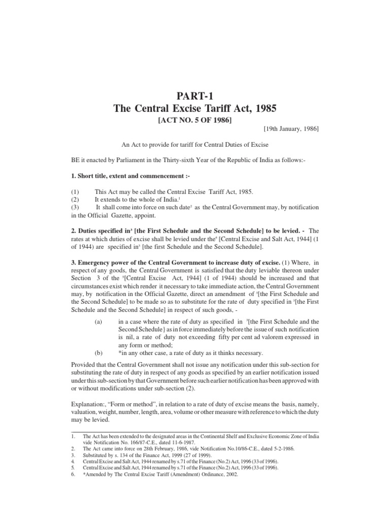 Central Excise Tariff Act 1985 | Download Free PDF | Excise | Taxation