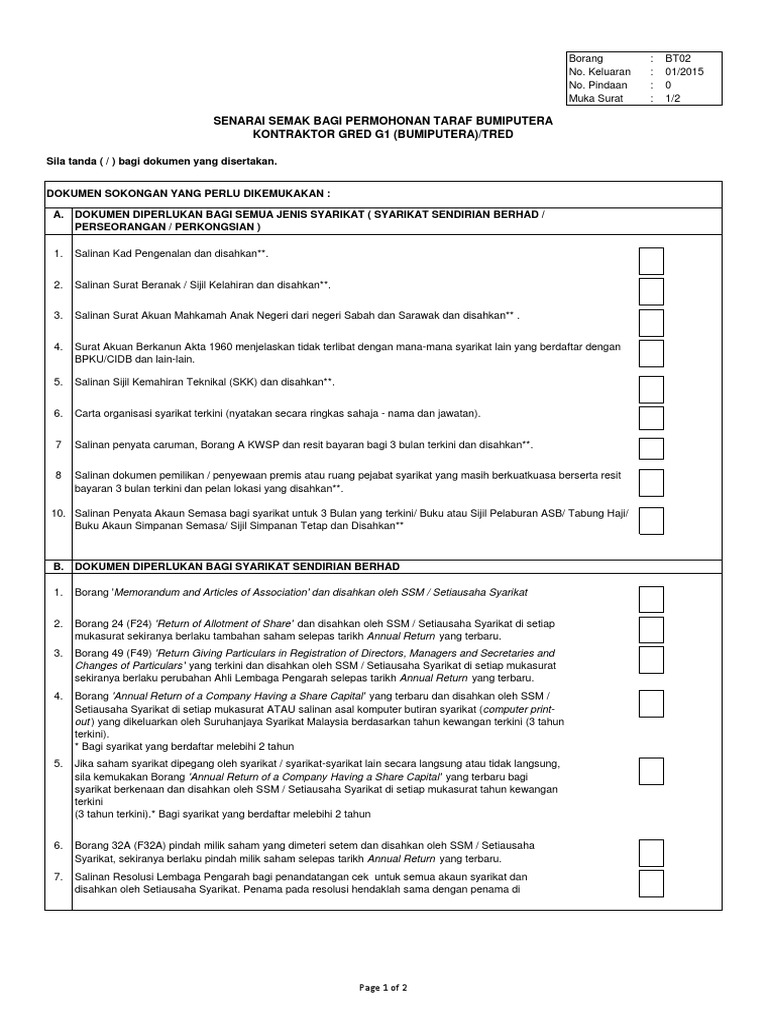 2 Bt02 Senarai Semak Gred g1 Bumiputera Tred | PDF