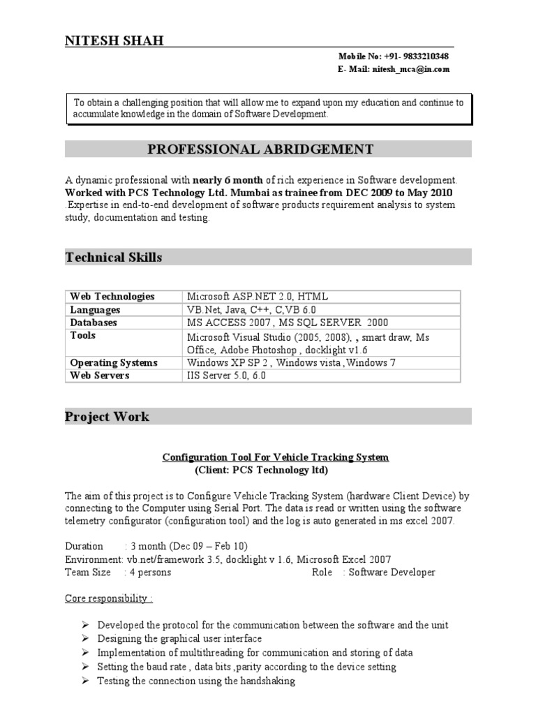 Nitesh Shah: Worked With PCS Technology Ltd. Mumbai As Trainee From DEC ...