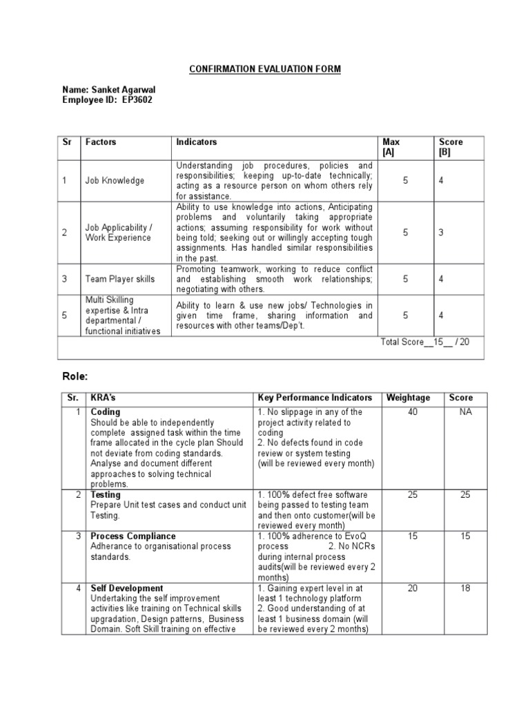 Confirmation Evaluation Form Name: Sanket Agarwal Employee ID: EP3602 ...