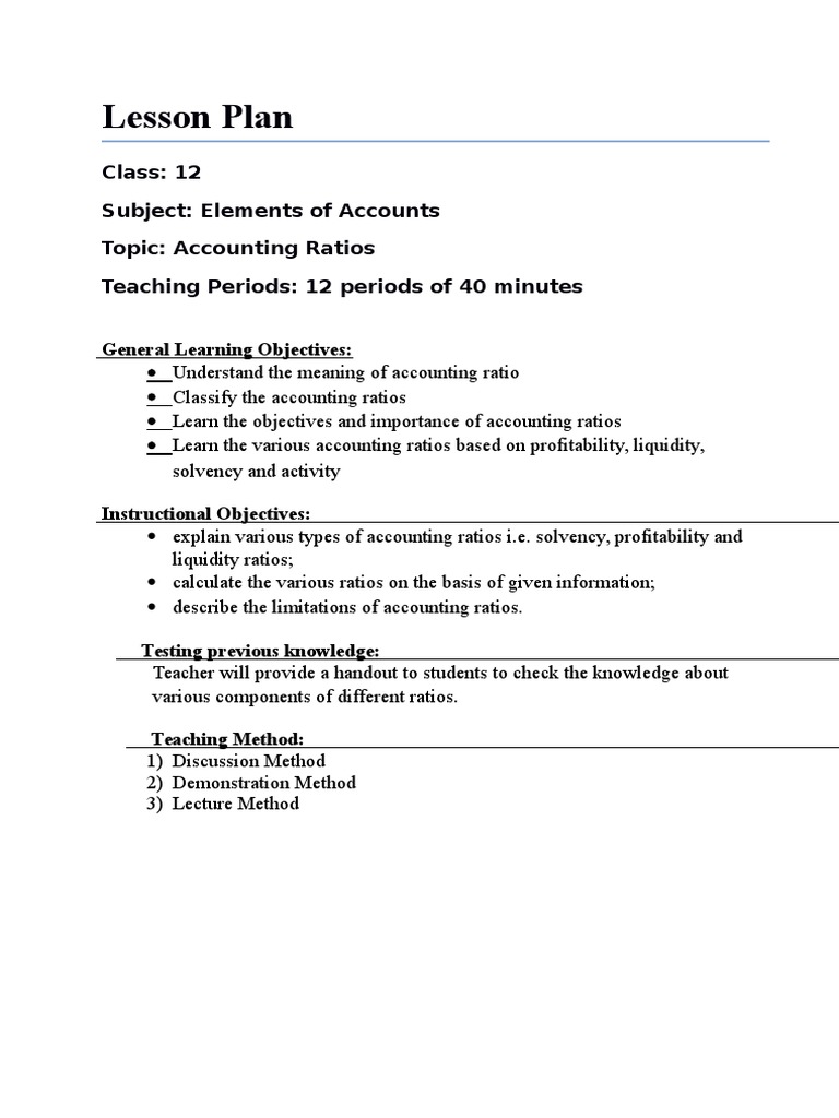 Lesson Plan STD 12 CHP 4 Accounting Ratios | PDF | Lesson Plan ...