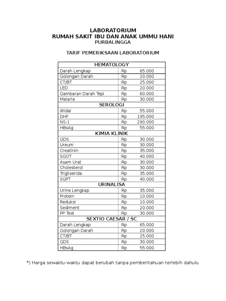 Tarif Pemeriksaan Laboratorium | PDF