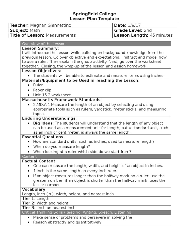 math- measurement | Lesson Plan | Educational Assessment