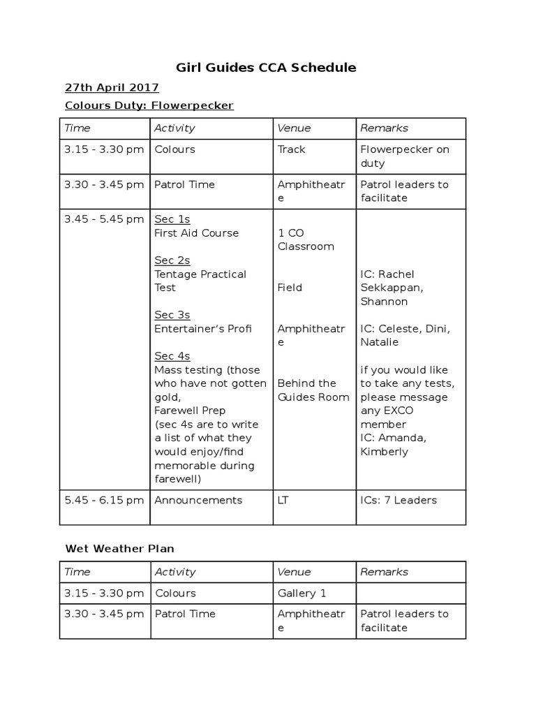 Girl Guides CCA Schedule: 27th April 2017 Colours Duty: Flowerpecker ...