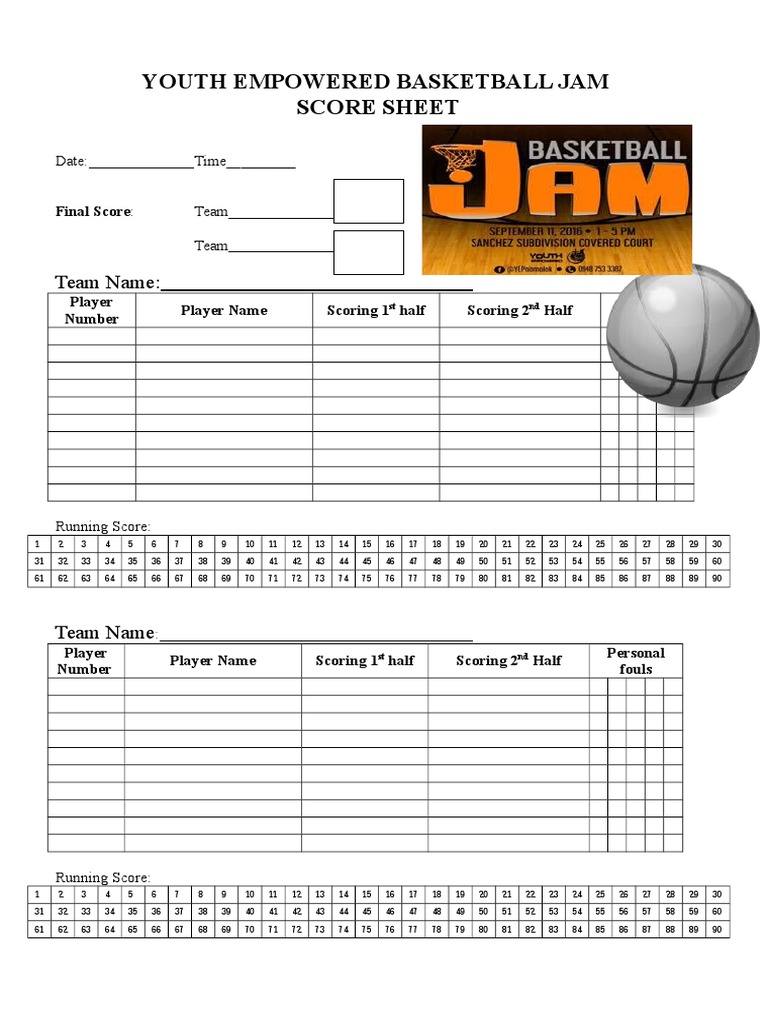 Youth Empowered Basketball Jam Score Sheet: Tracking Player Performance ...