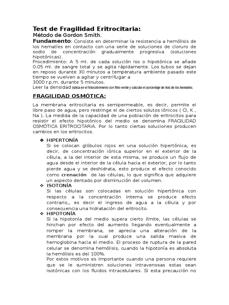 Test de Fragilidad Eritrocitaria: Método y Resultados | PDF | Glóbulo ...