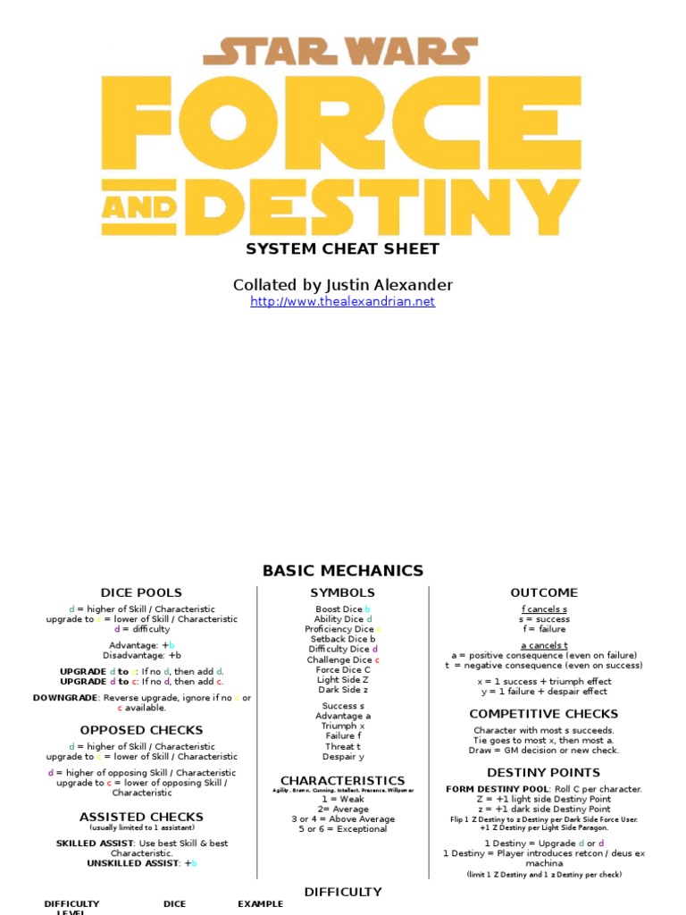 Star Wars Force and Destiny Cheat Sheet | PDF