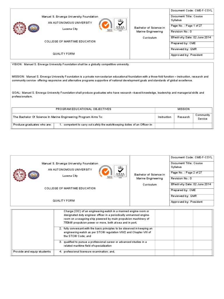 BSMarE PL11A1 | PDF | Curriculum | University