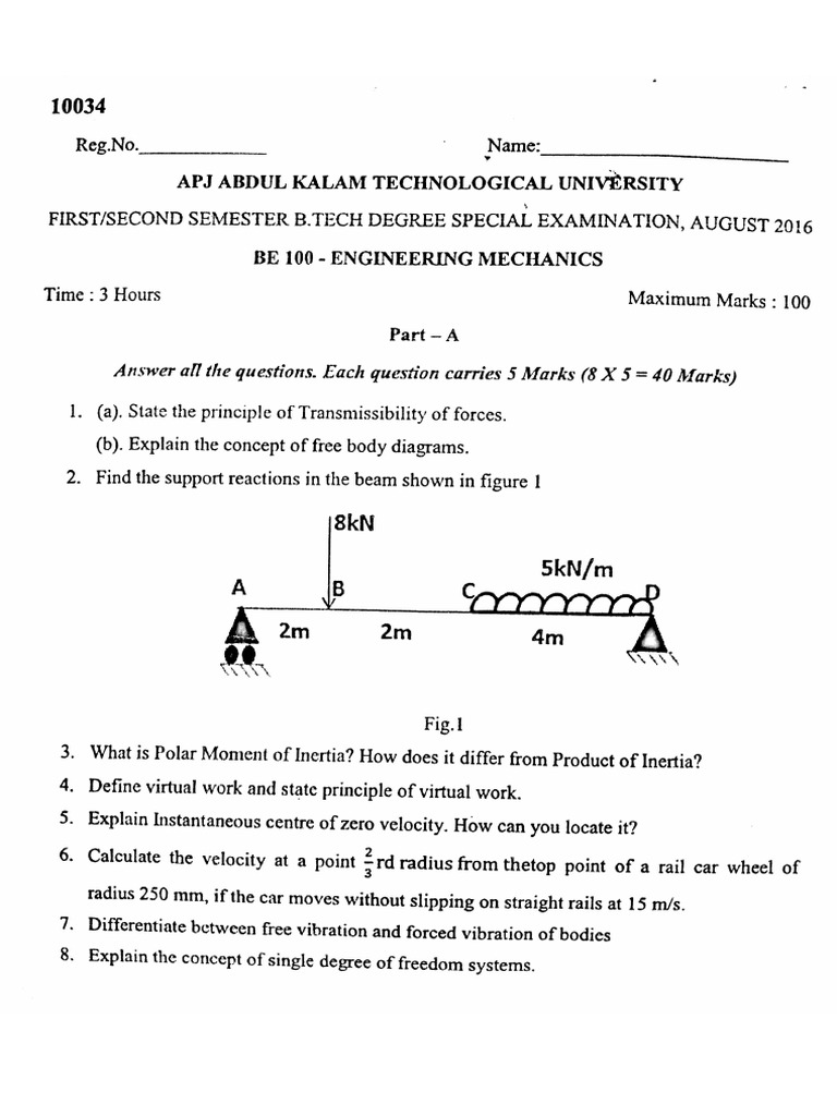 KTU BE 100 Engineering Mechanics Question Paper (29 views)