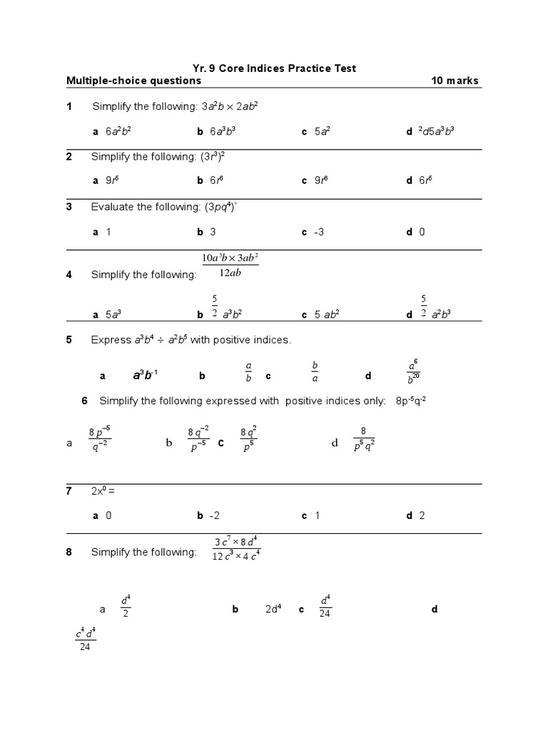 Year 9 Core Indices Practice Test 2016 v2 | PDF | Mathematical Notation ...