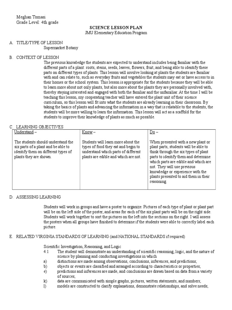 Meghan Tomasi Grade Level: 4th Grade: Science Lesson Plan | PDF ...