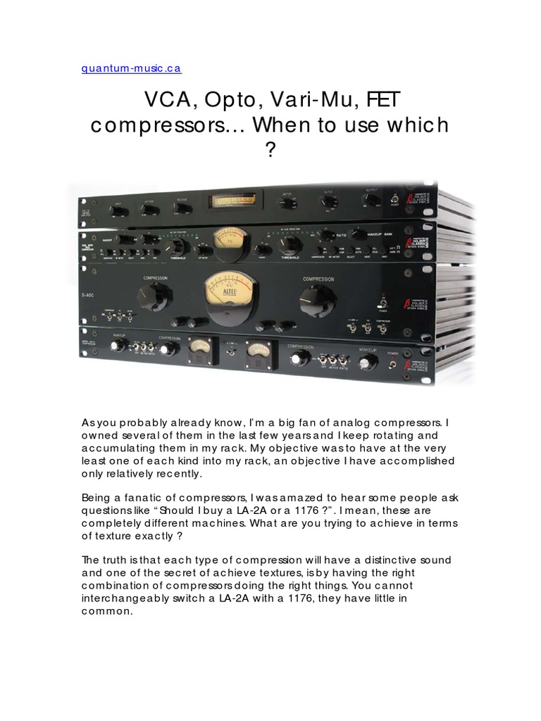 VCA, Opto, Vari-Mu, FET Compressors When To Use Which | PDF | Audio ...